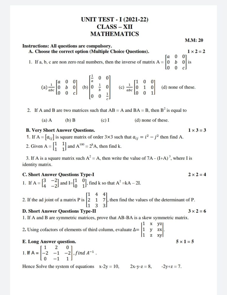 Class 12 Mathematics Unit Test Sample Paper - CBSE News